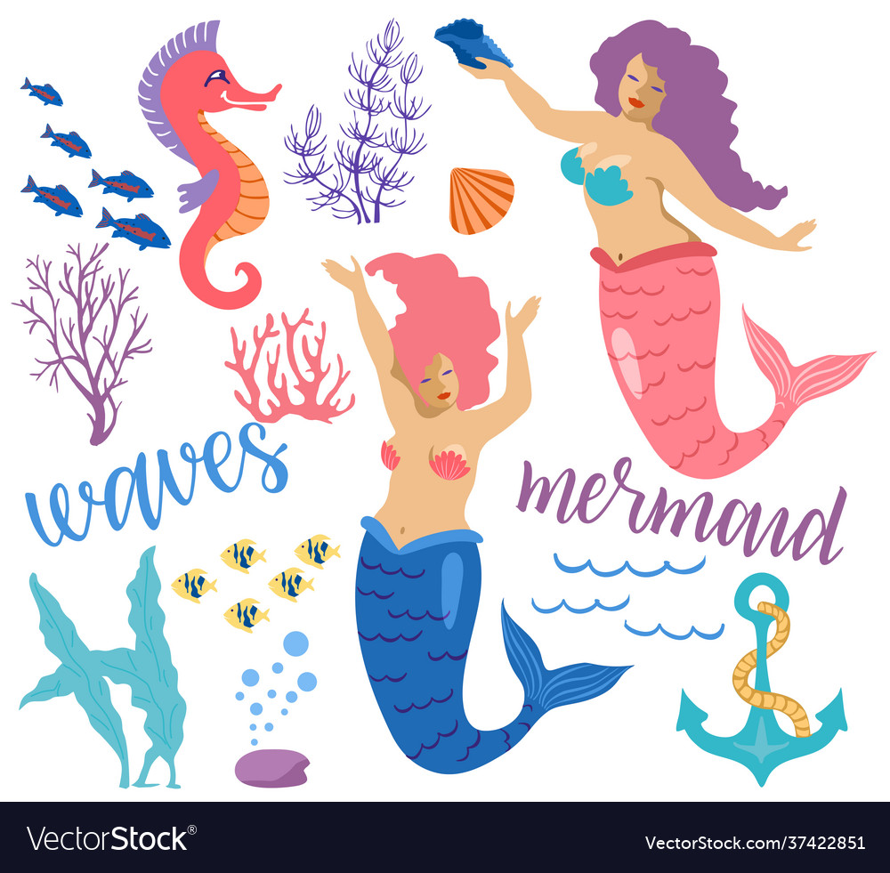 Set colorful mermaids and sea elements Royalty Free Vector