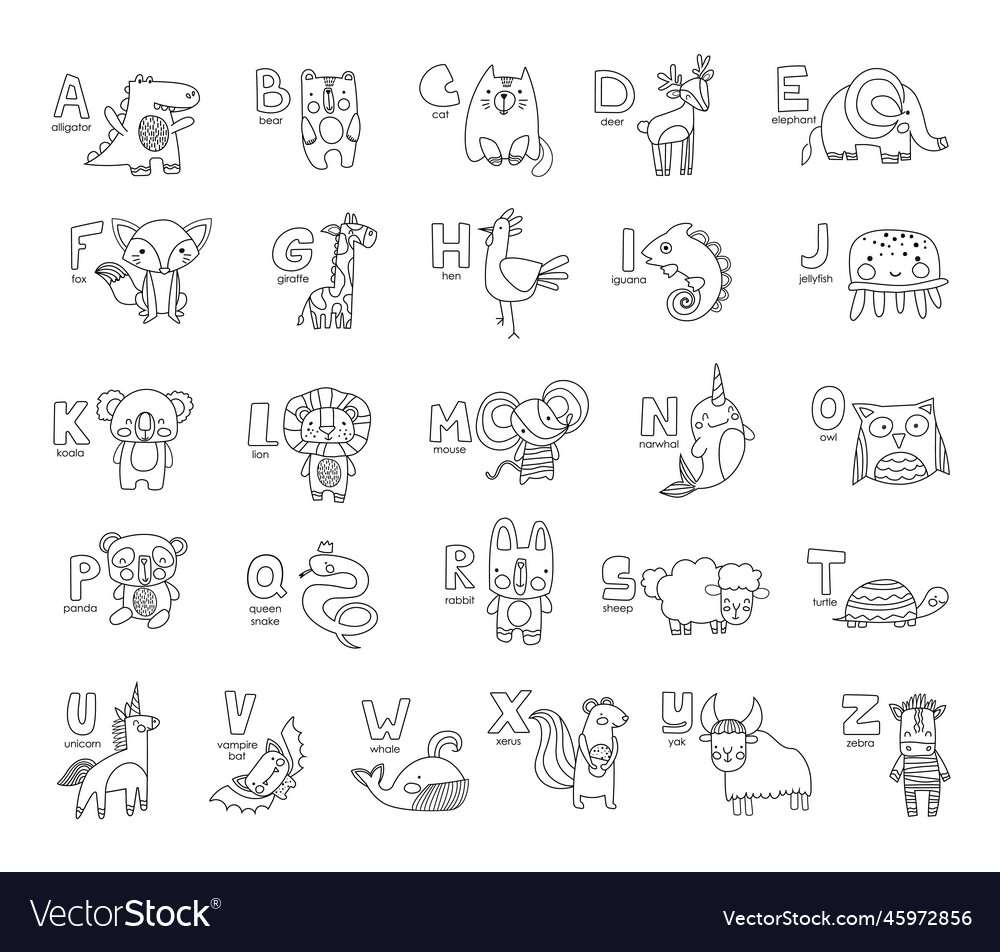 Alphabet with animals line Royalty Free Vector Image