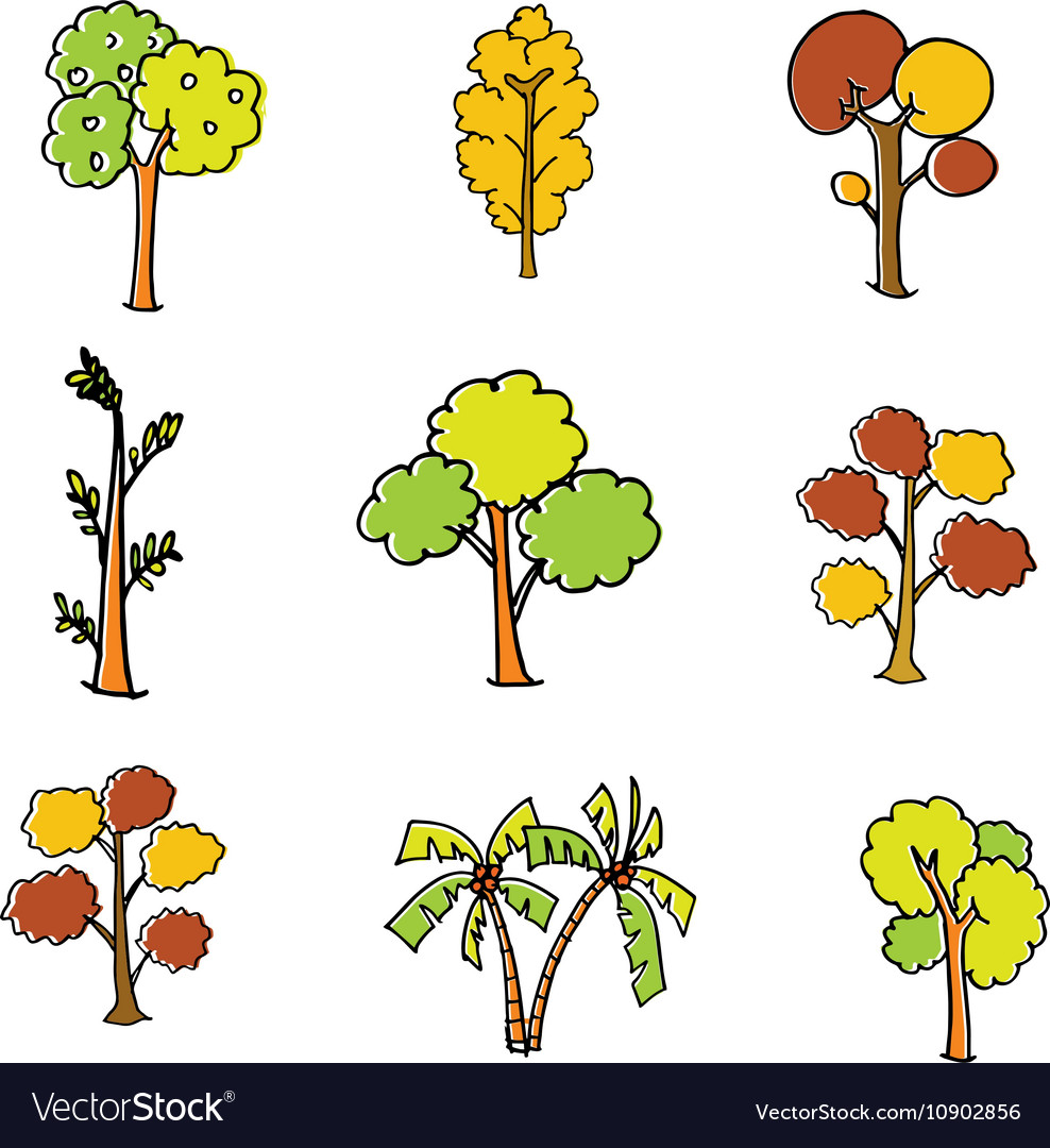 Doodle of tree set different collection Royalty Free Vector