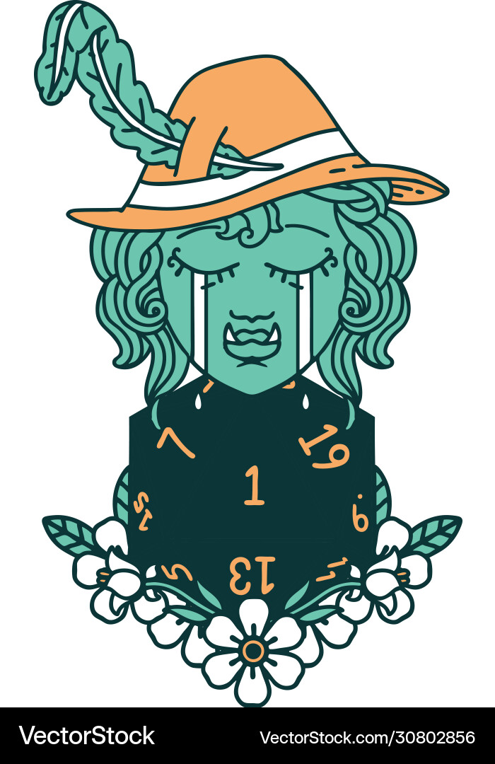 Sad half orc bard character with natural one d20 Vector Image