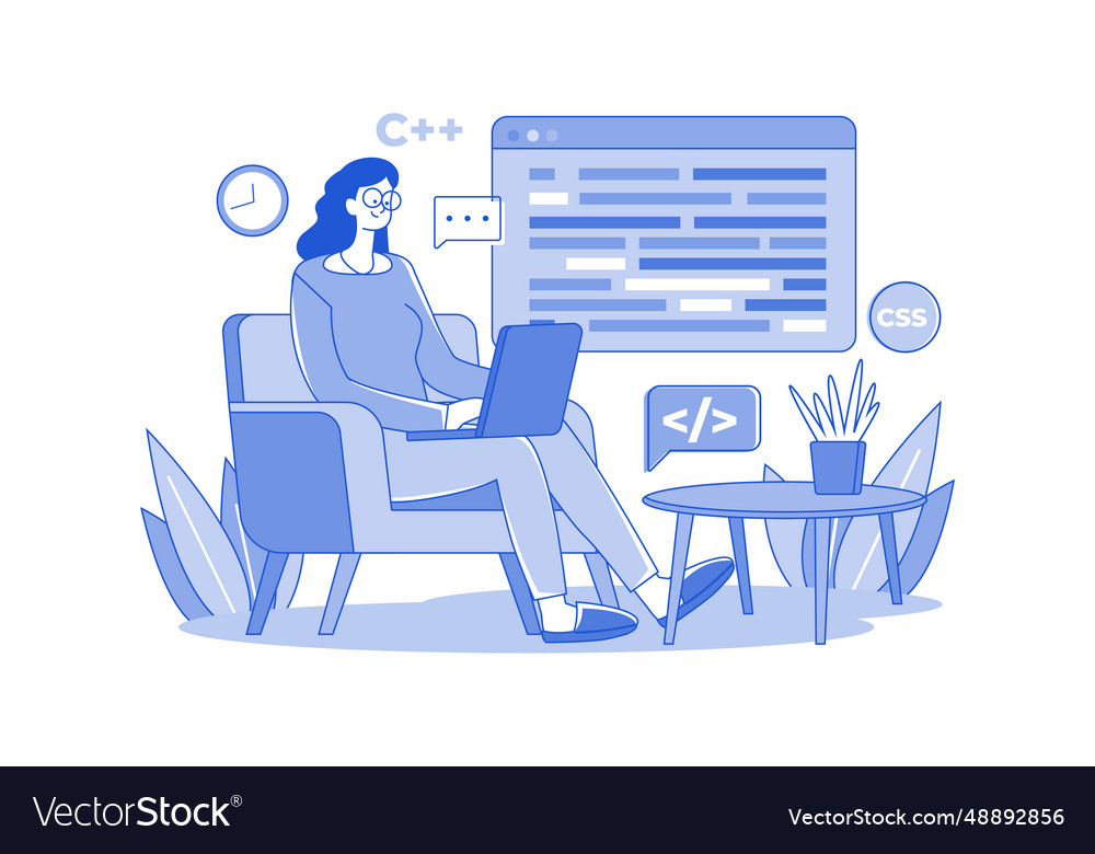 Woman programming on a laptop Royalty Free Vector Image