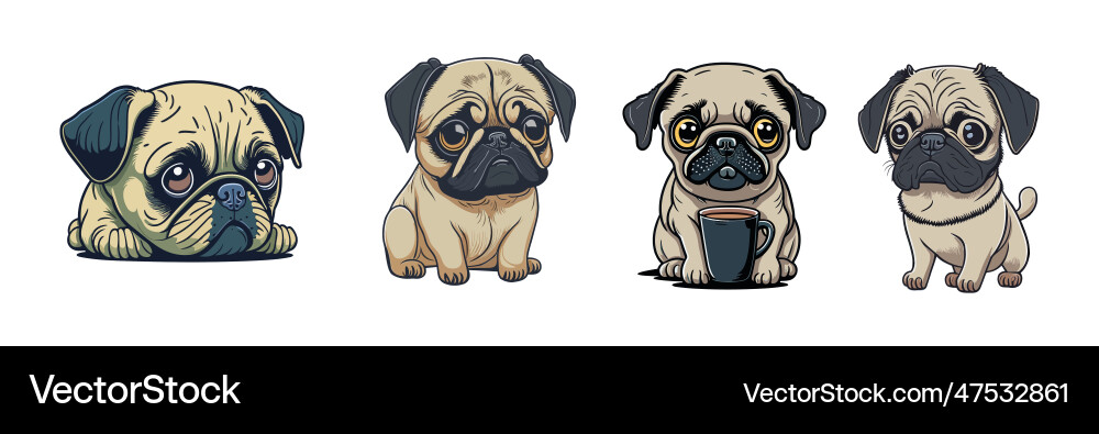 Cute dog pug breed set isolated on white Vector Image