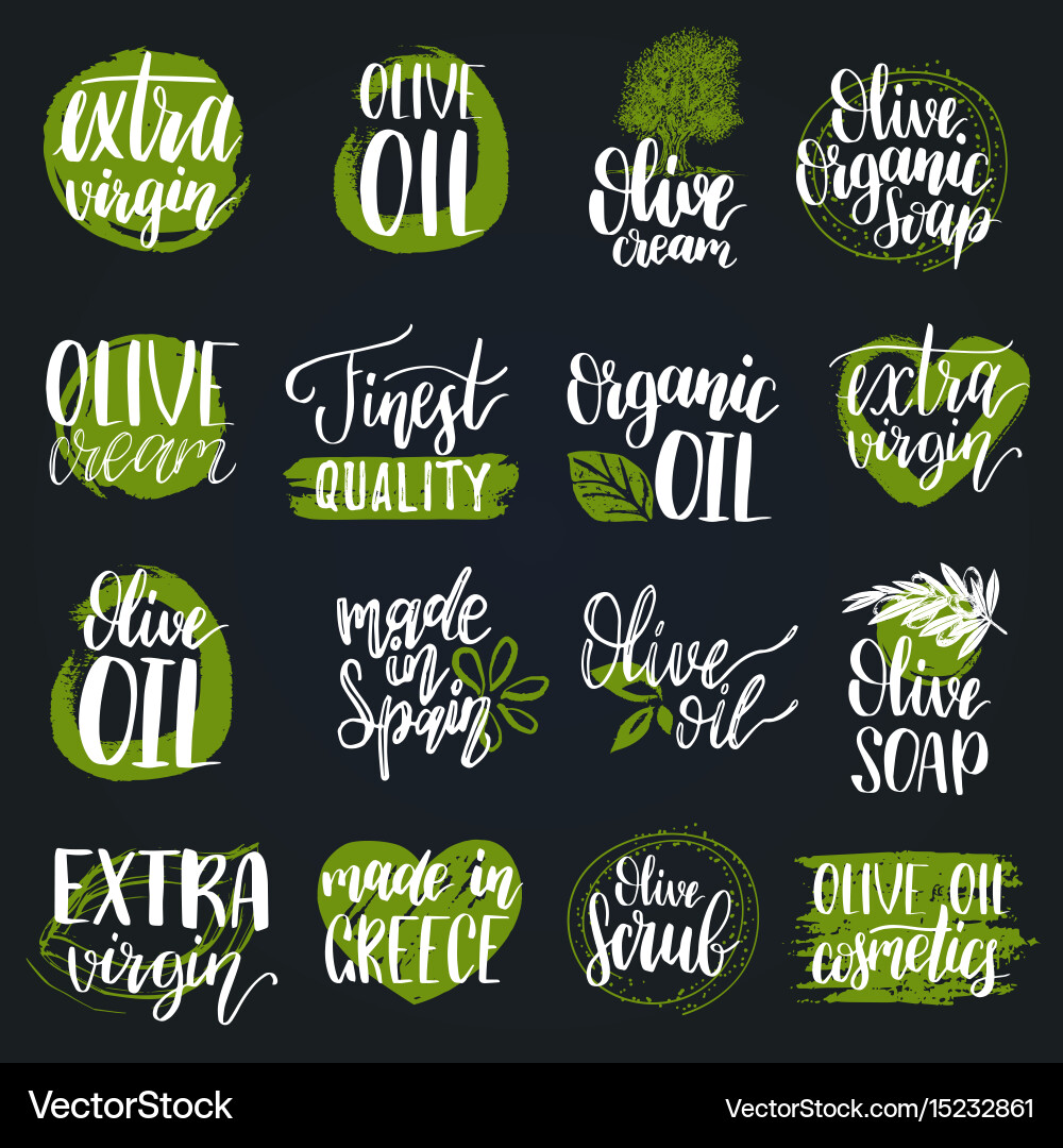 Hand lettering olive production signs Royalty Free Vector