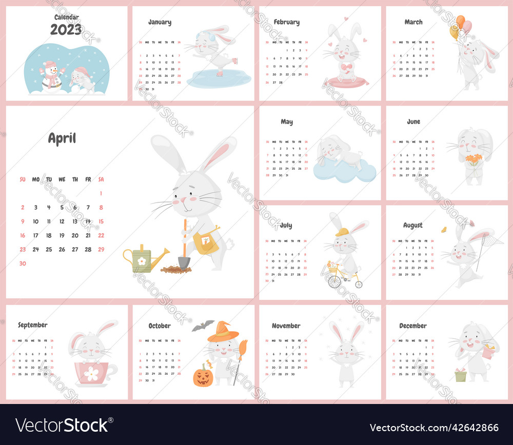 All Pages Of The Calendar For 2023 With A Cute Vector Image
