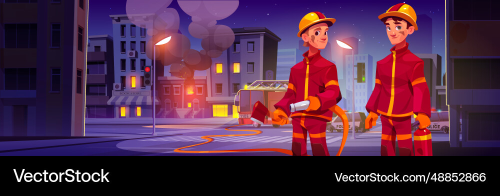 Two firefighters in front of fire city Royalty Free Vector