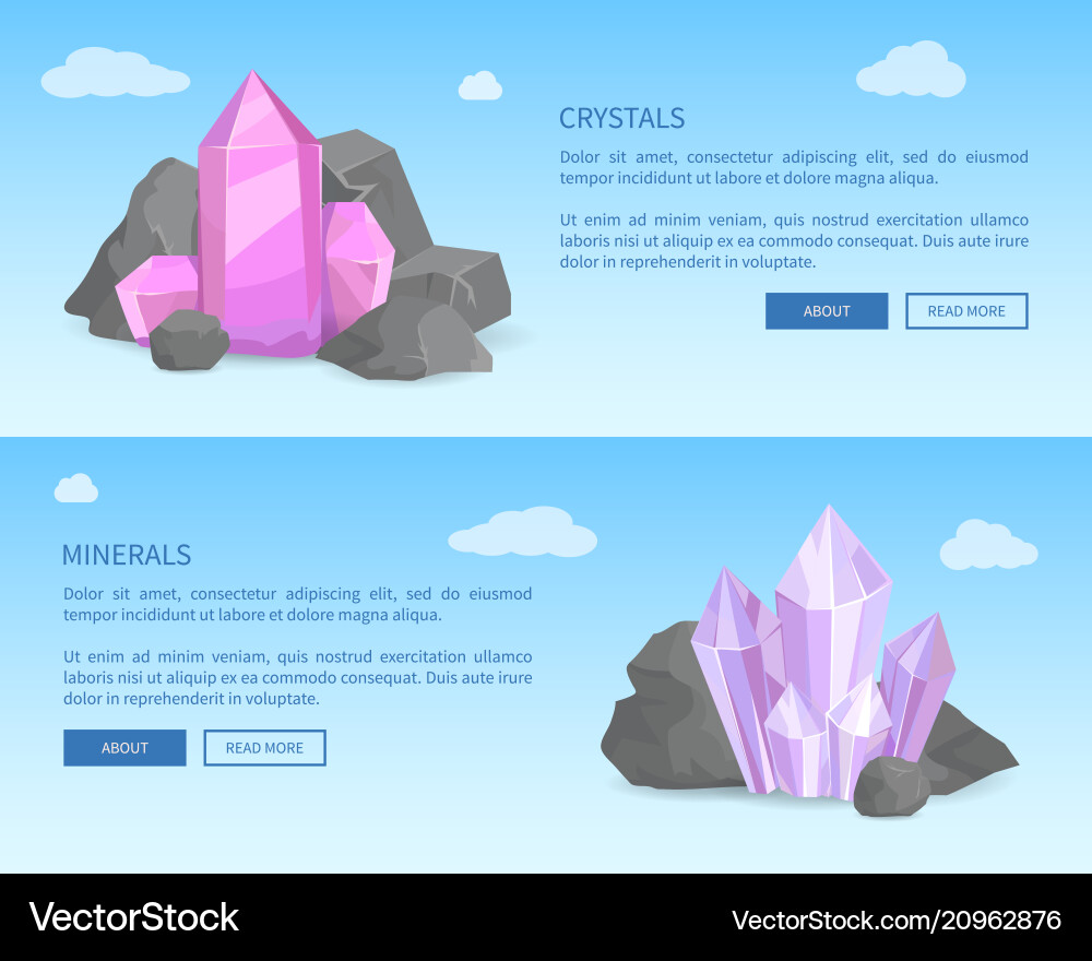 Crystals and minerals among grey stones realistic Vector Image