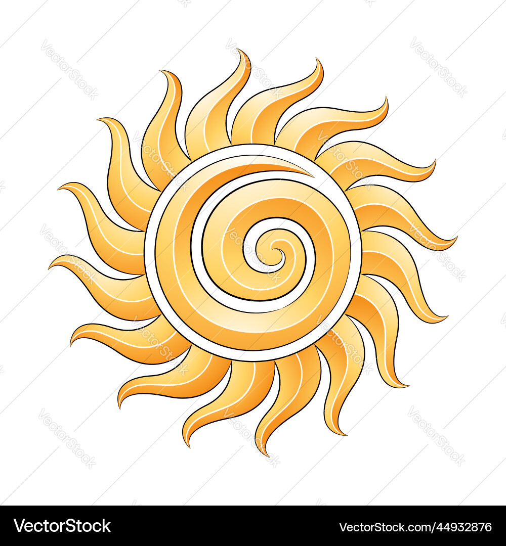 Curvy yellow embossed spiral sun icon with black Vector Image