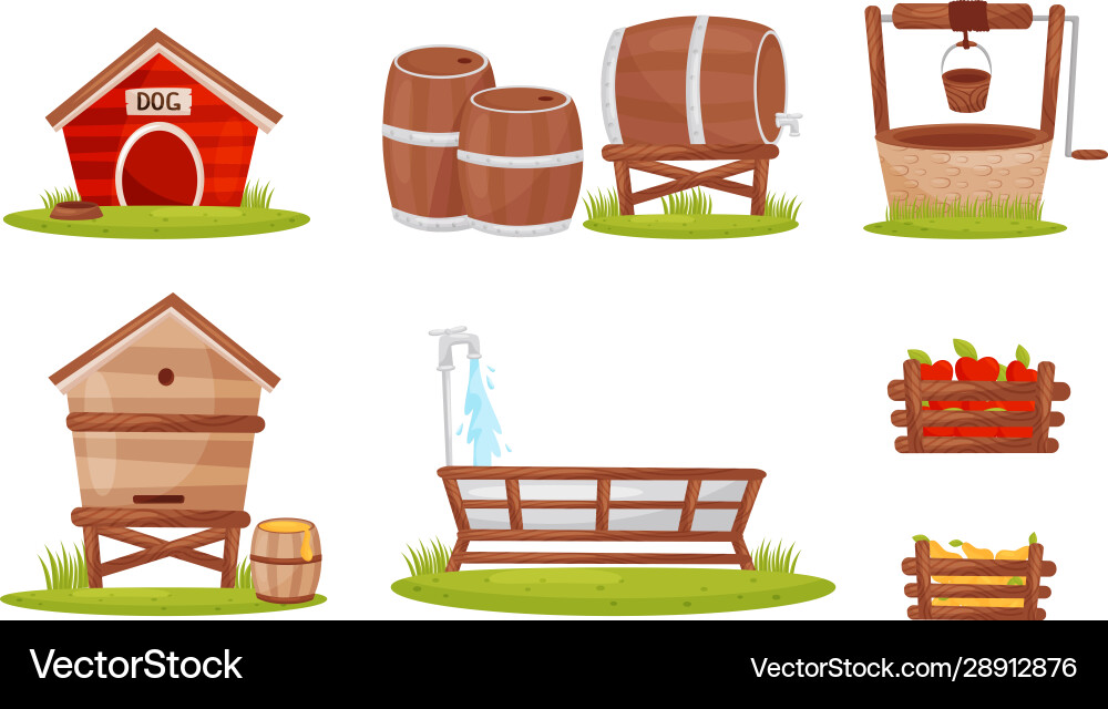 Farming wooden stuff with barrels and hive Vector Image