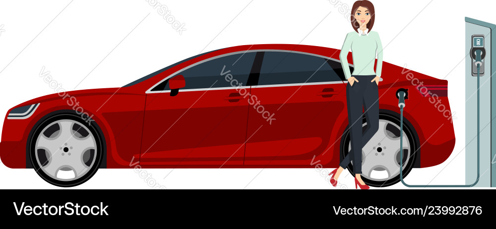 Woman with electric car Royalty Free Vector Image
