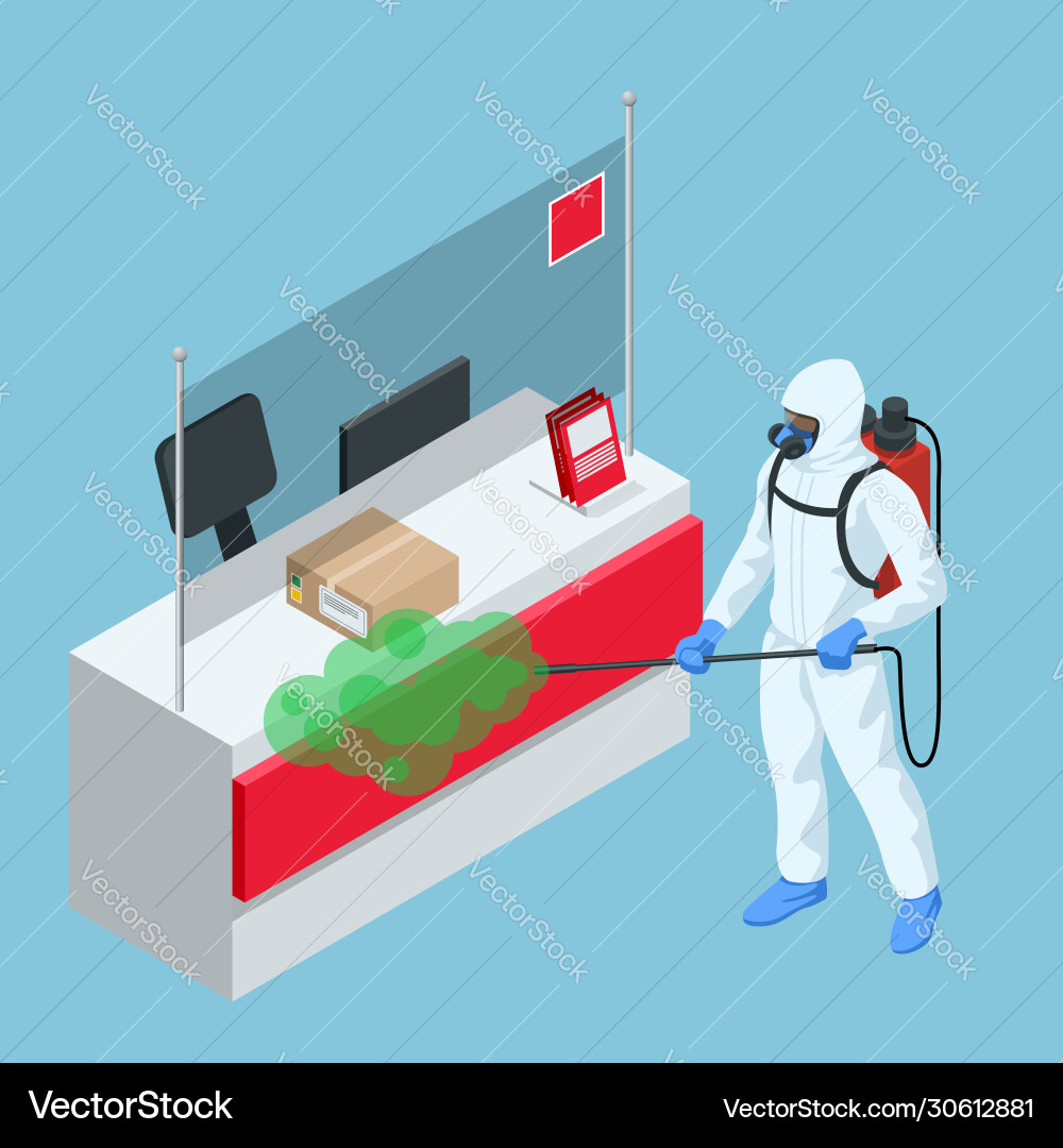 Isometric man wearing a protective suit disinfects