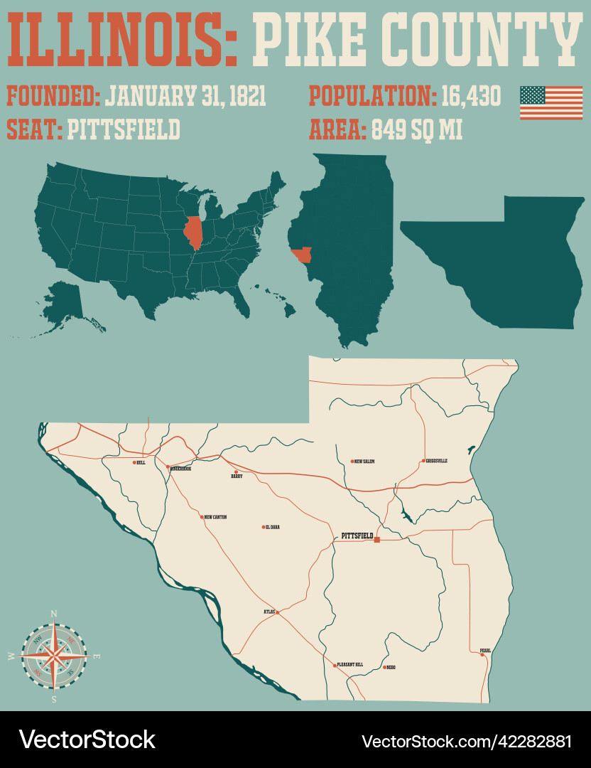 Map of pike county in illinois Royalty Free Vector Image