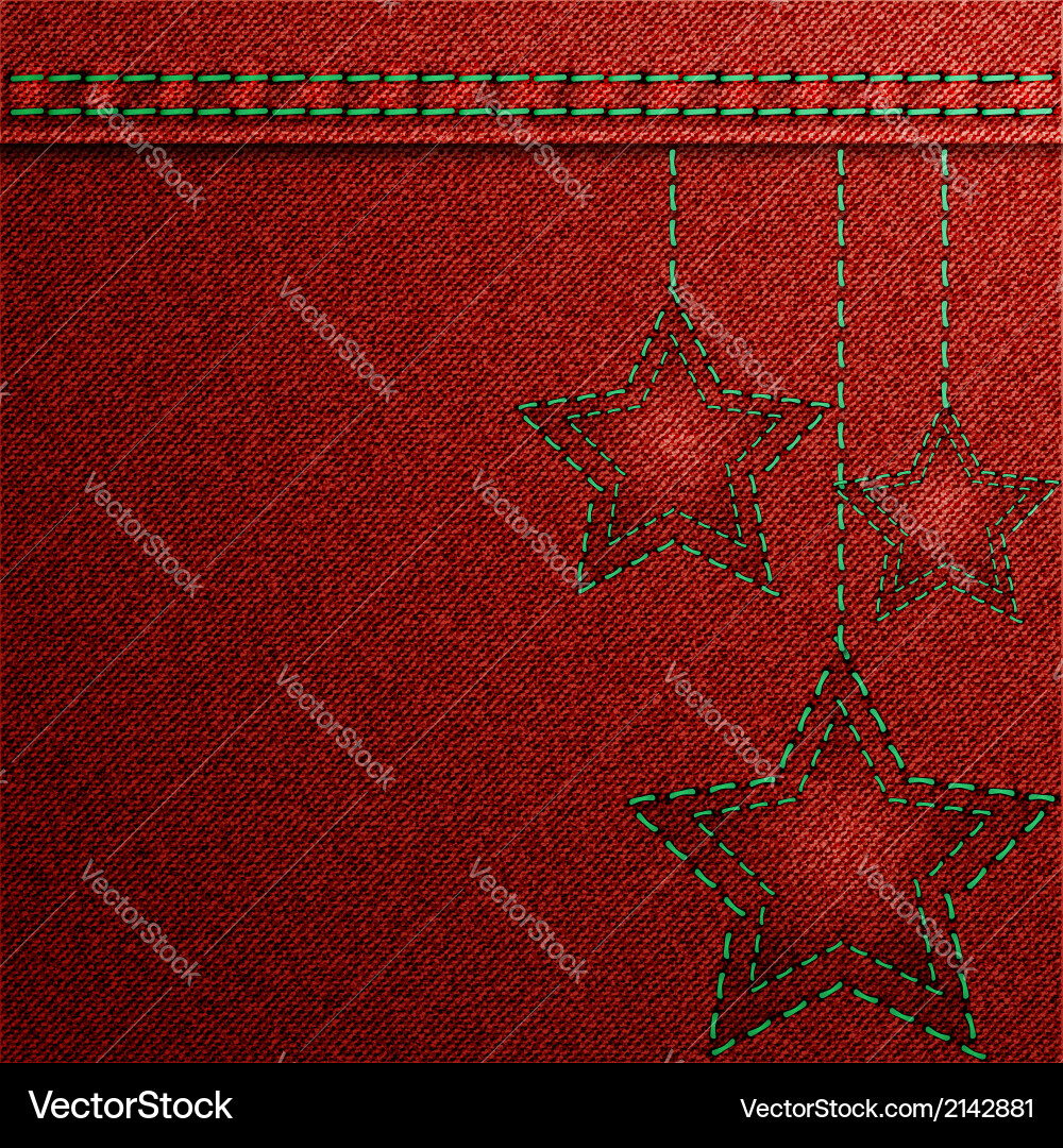 Red denim christmas background with embroidery Vector Image