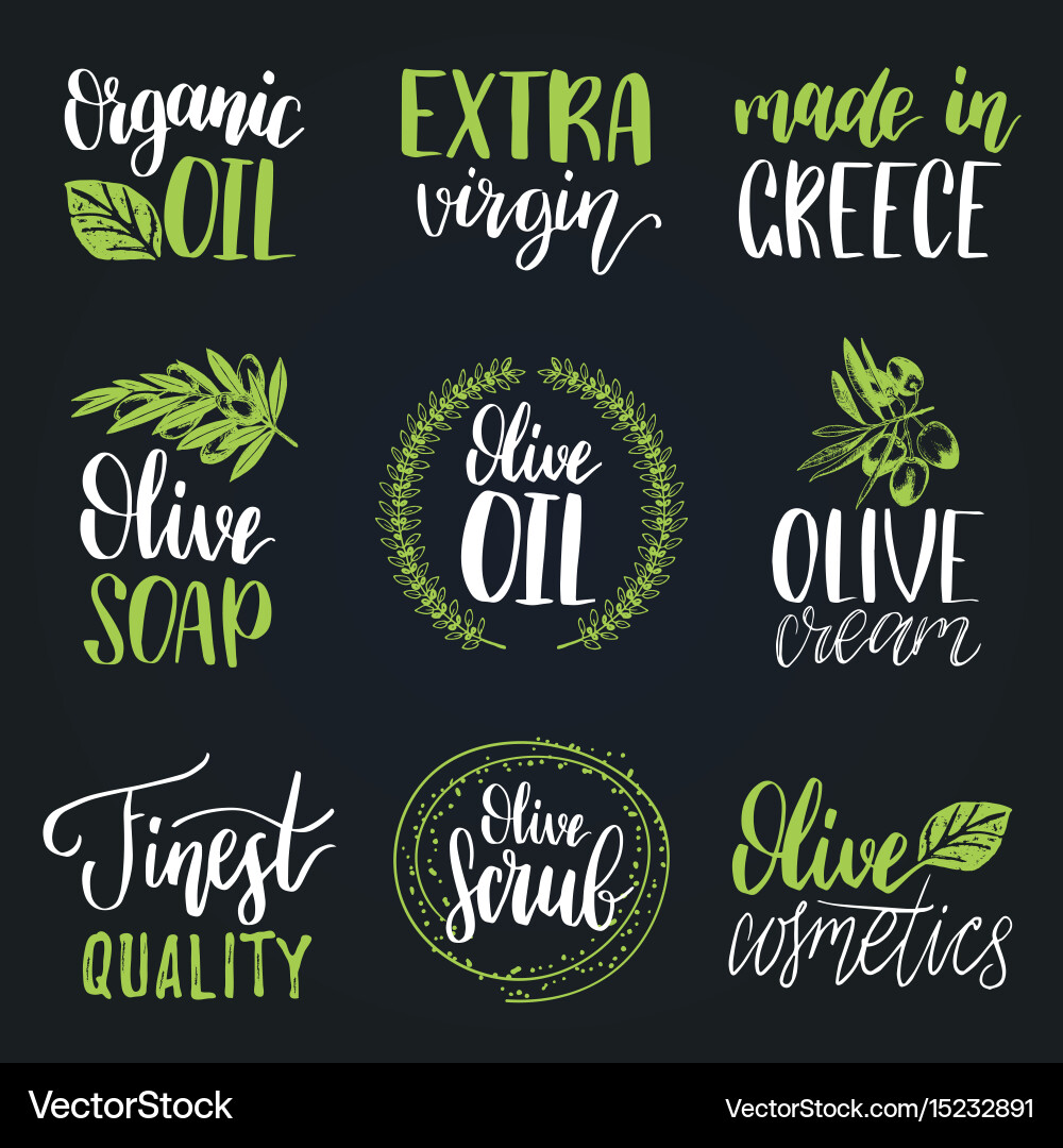Hand lettering olive production signs Royalty Free Vector