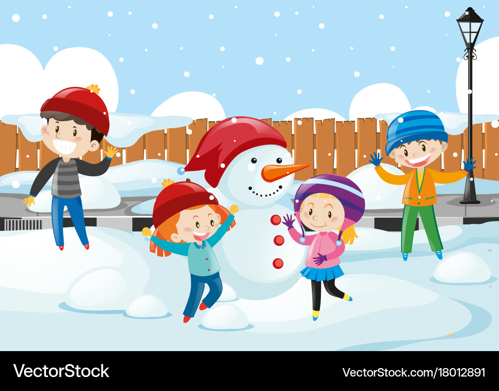 Happy children playing in snow Royalty Free Vector Image