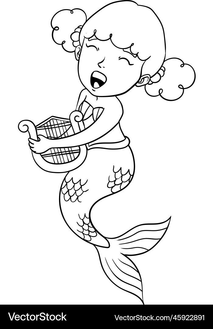 Mermaid playing harp isolated coloring page Vector Image