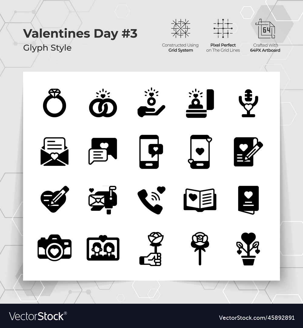 Valentines day icons set in glyph black fill Vector Image