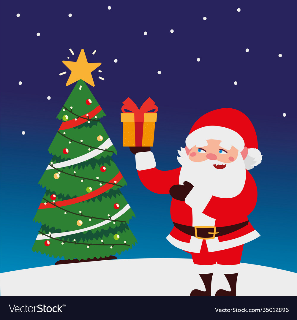 Merry christmas cute santa with gift box and tree Vector Image
