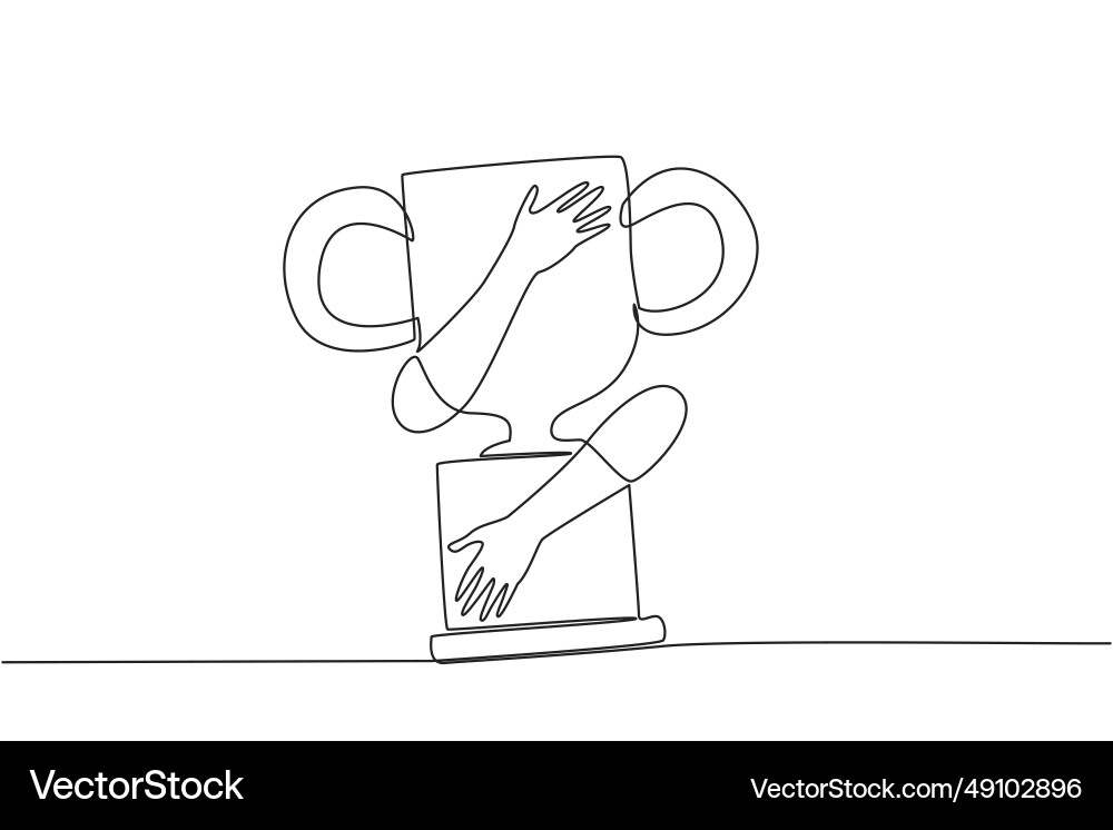 Single one line drawing of hands hugging trophy Vector Image