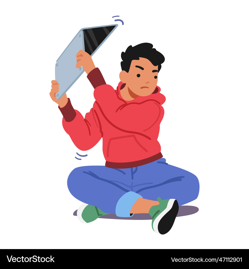 Boy character angrily breaks laptop in frustration