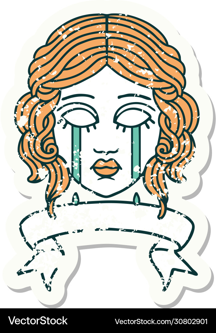 Grunge sticker with banner female face crying Vector Image
