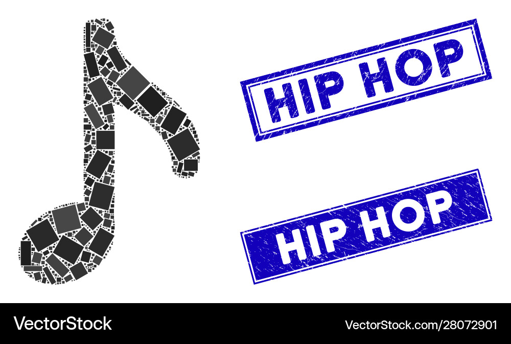Music note mosaic and grunge rectangle hip hop Vector Image