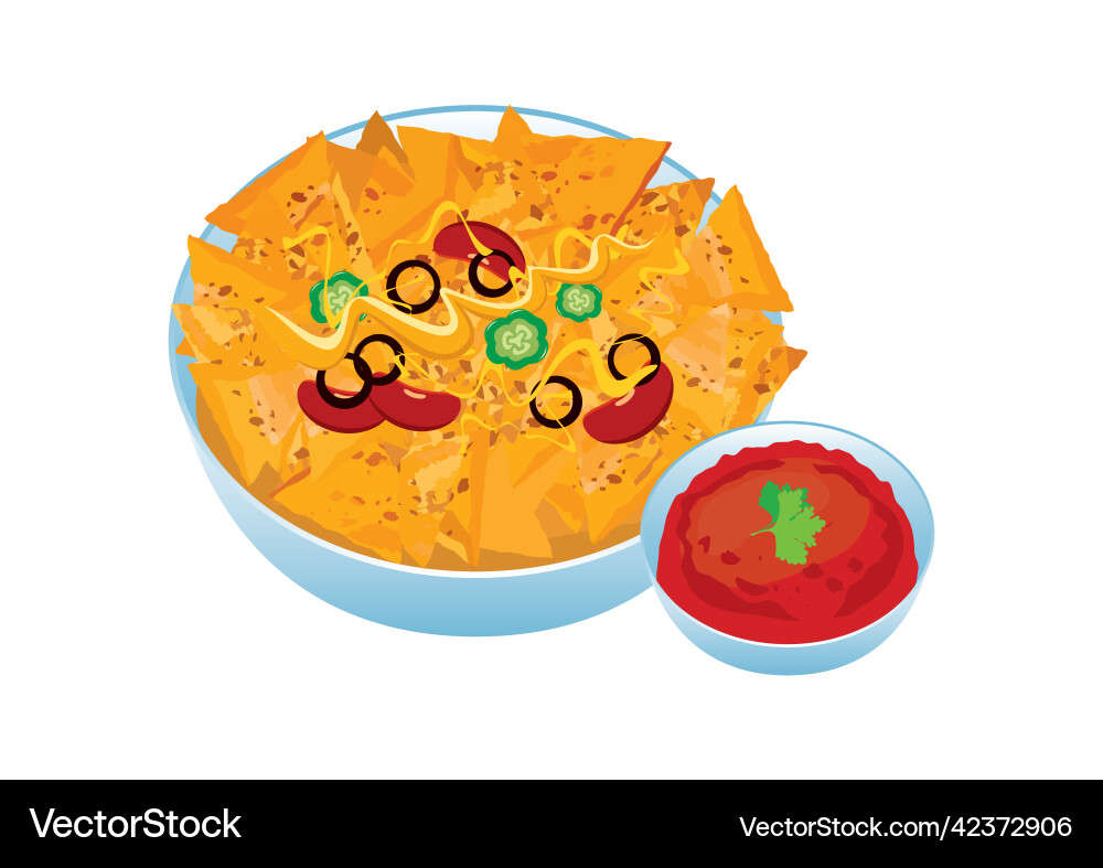 Plate of nacho chips with salsa sauce icon Vector Image