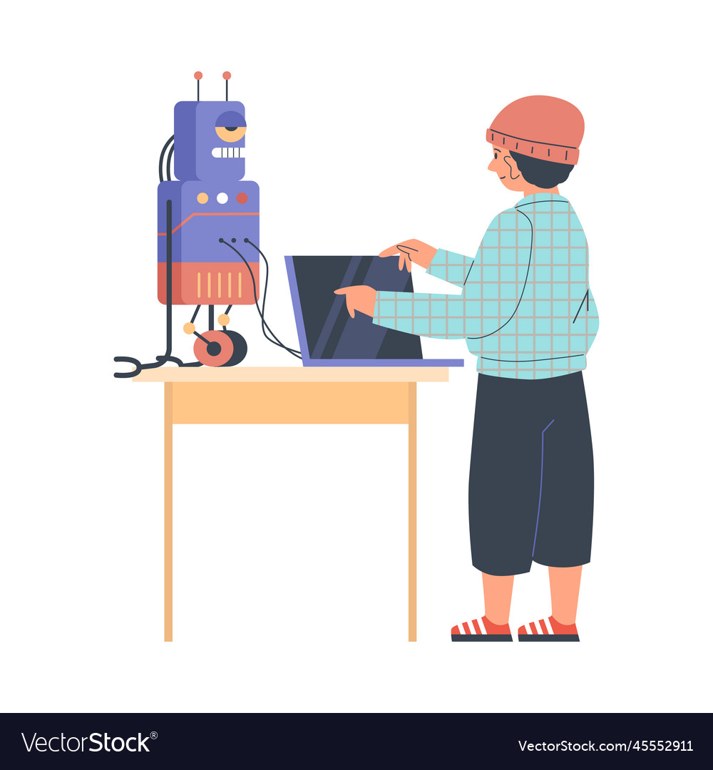 Child learns to control robots through computer Vector Image