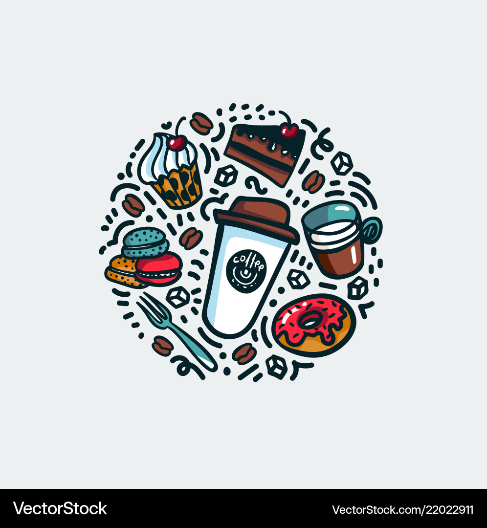Coffee and cake concept colorful doodle style Vector Image