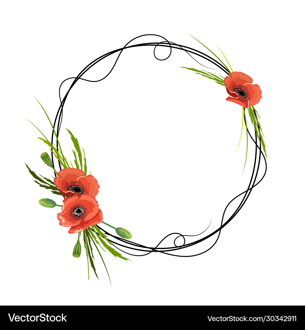 Round frame with red poppies isolated on white Vector Image