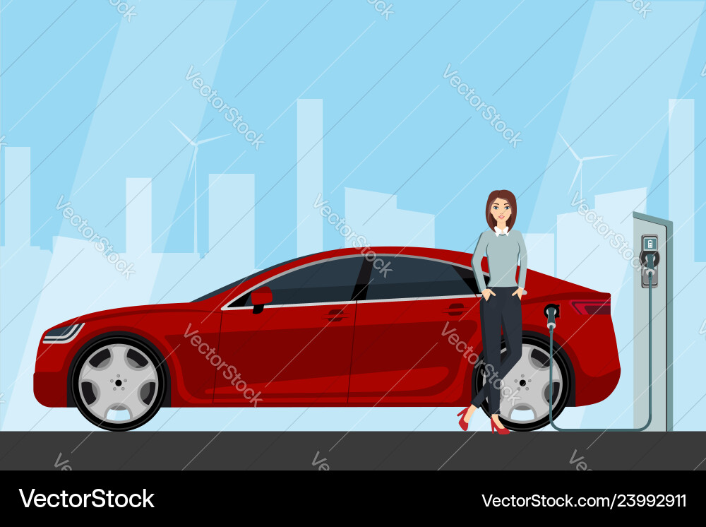 Woman with electric car Royalty Free Vector Image