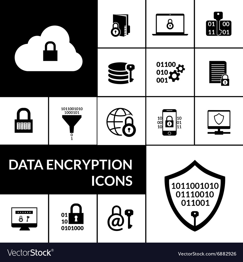 Data encryption black icons composition banner Vector Image