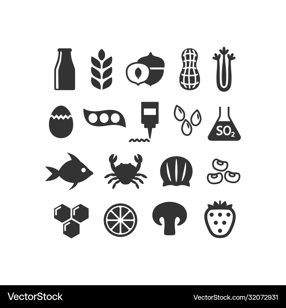 Black isolated food allergens icon set Royalty Free Vector