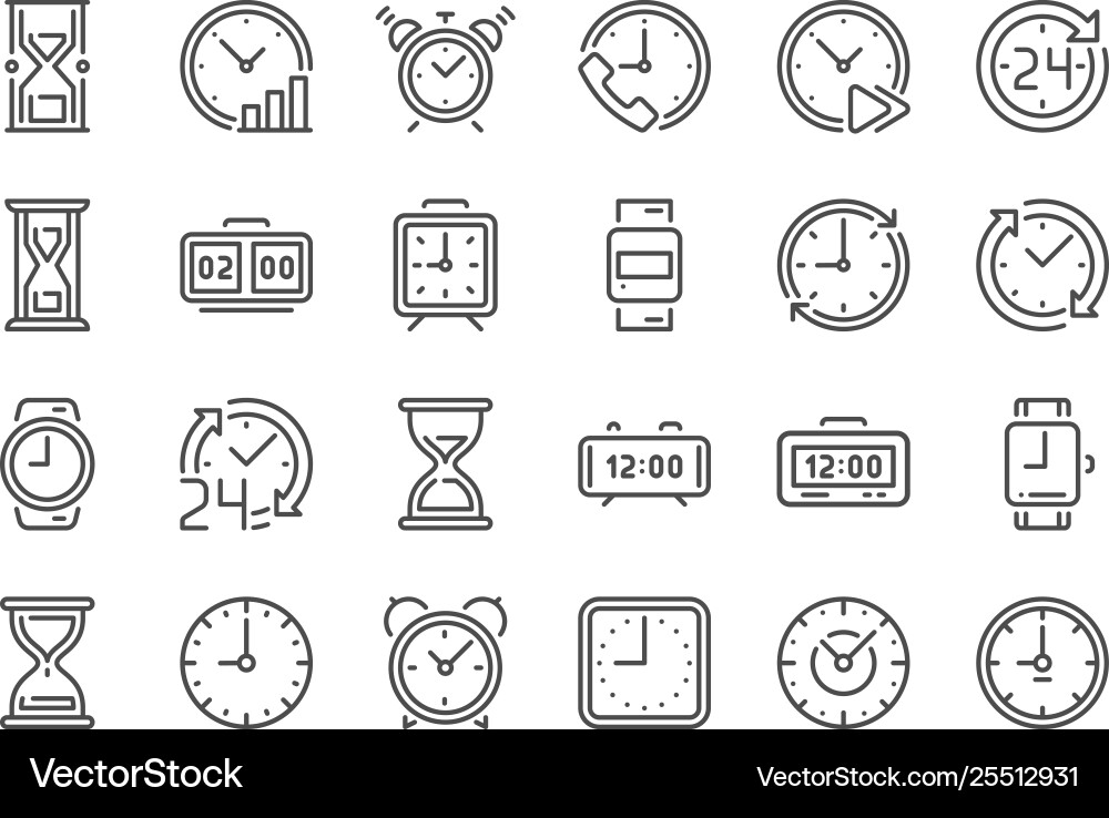 Outline clock icons line time 24 hours clocks Vector Image