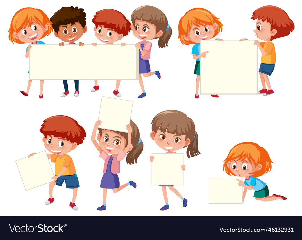 Set of children cartoon character holding banner Vector Image