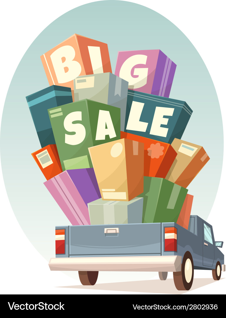 Heap boxes on pickup with big sale text Royalty Free Vector