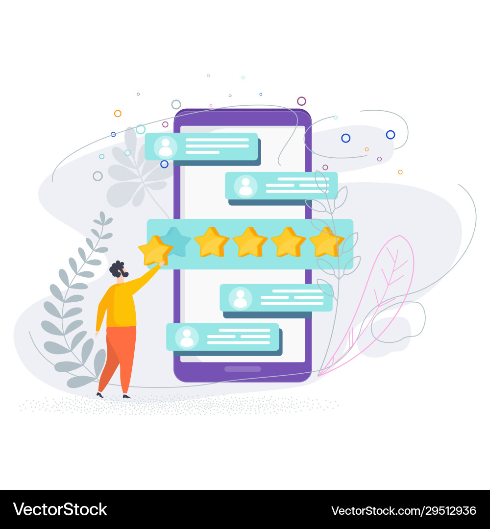 Man and five stars rating on mobile phone screen Vector Image