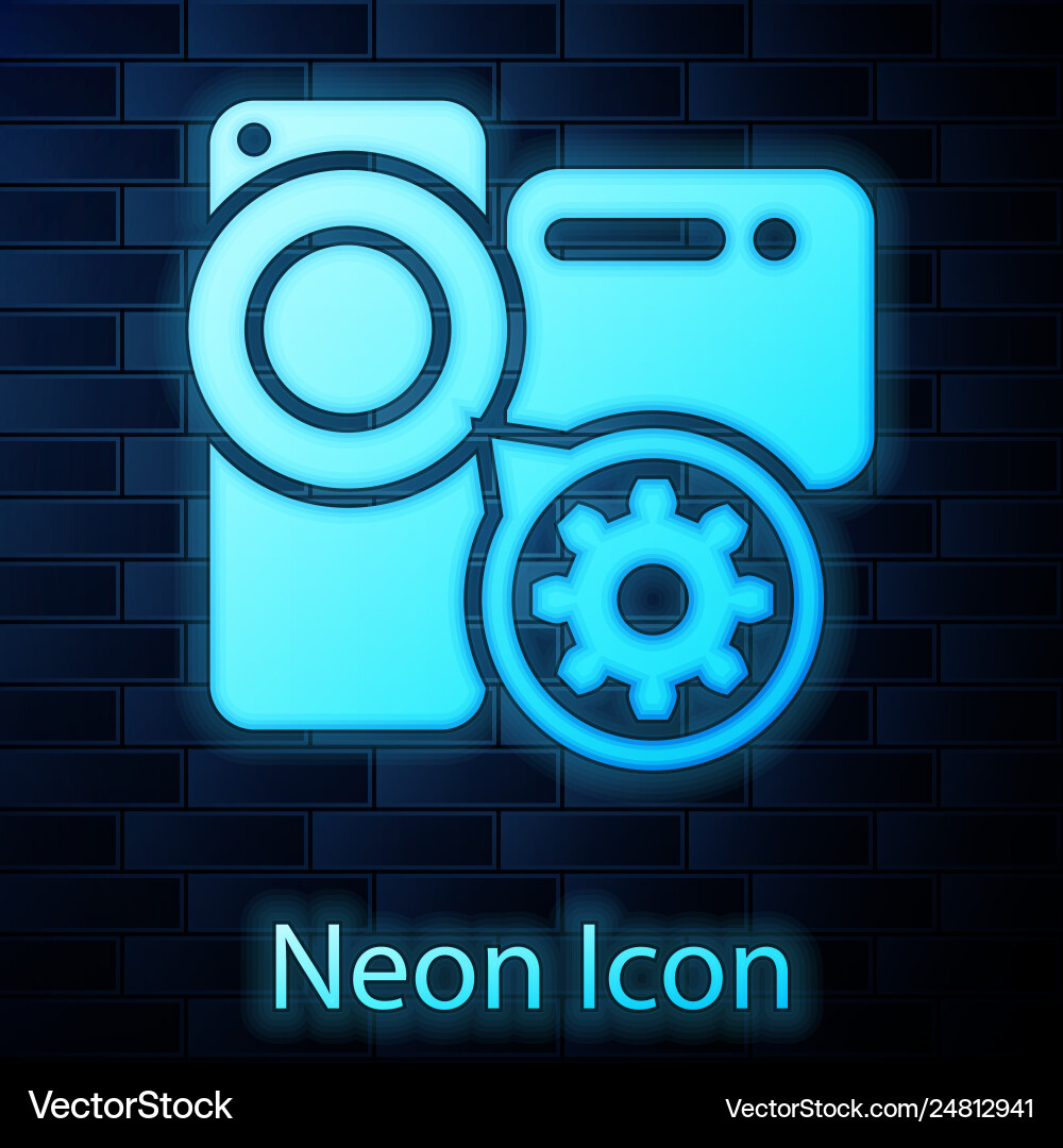 Glowing neon video camera and gear icon isolated Vector Image