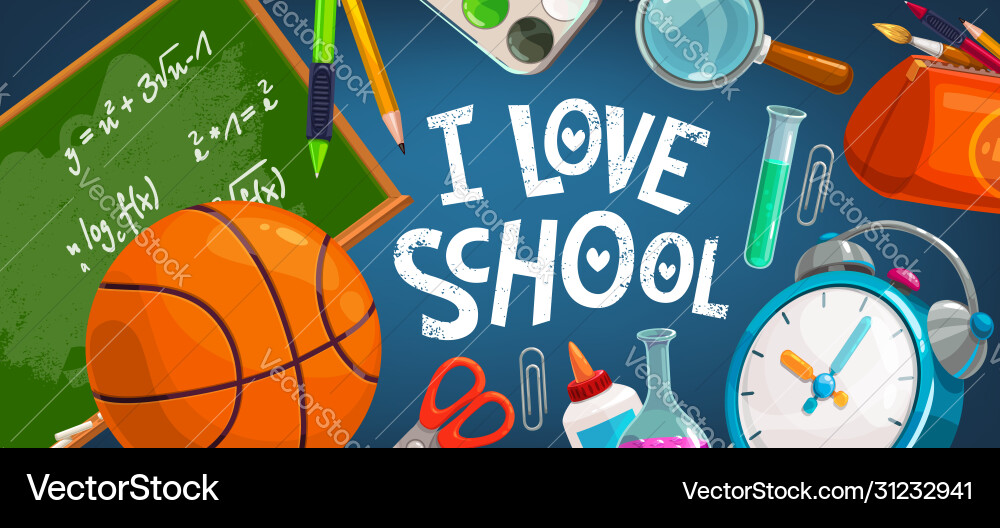I love school poster with cartoon items Royalty Free Vector