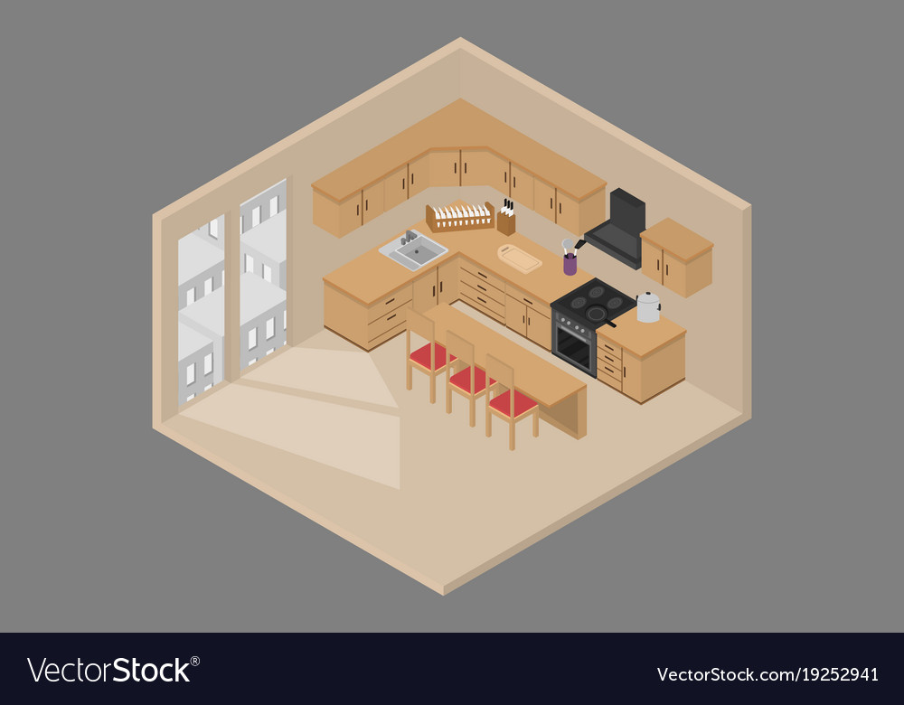 Interior kitchen room design with kitchenware Vector Image