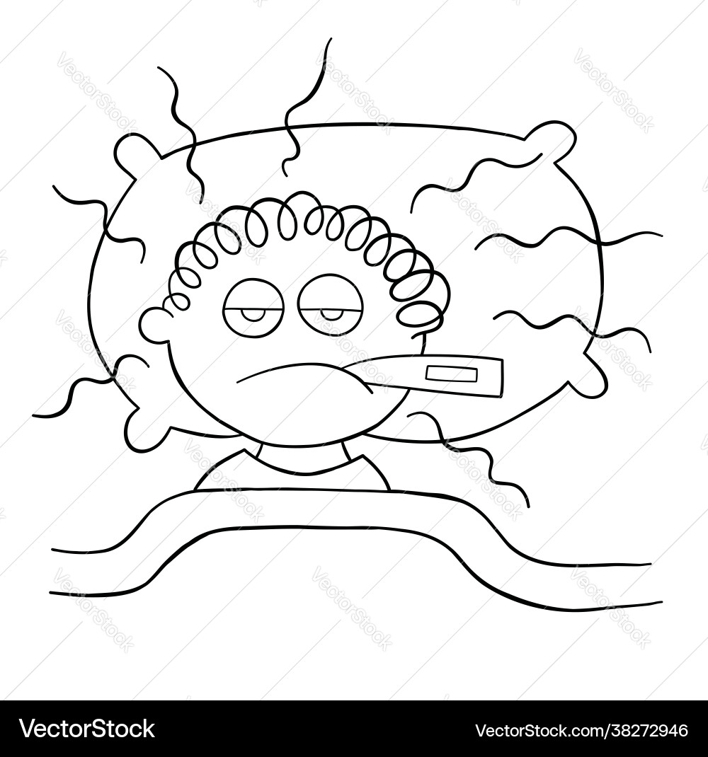 Cartoon man is lying down and has a fever Vector Image