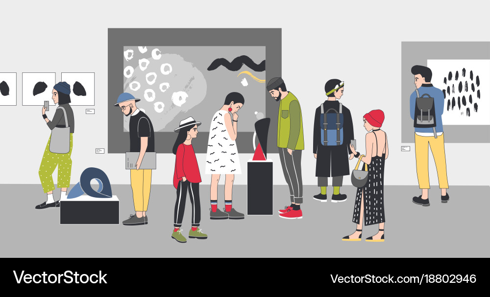 Thoughtful visitors contemporary art gallery Vector Image