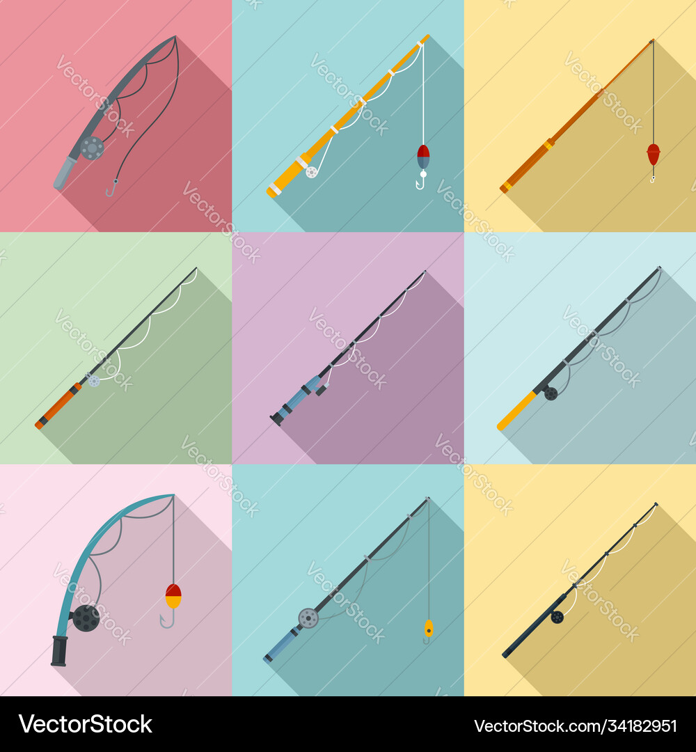 Fishing rod icons set flat style Royalty Free Vector Image