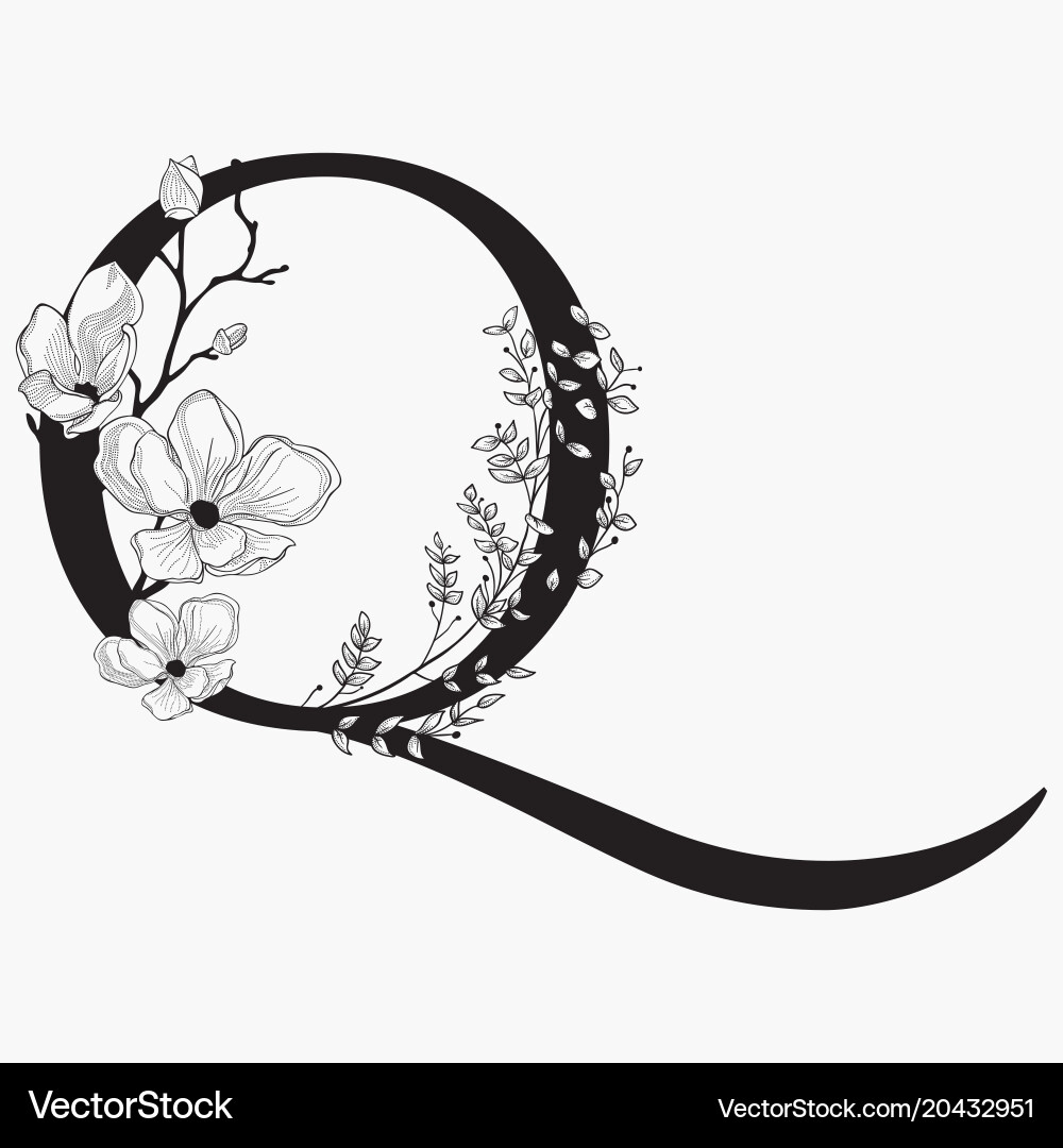 Hand drawn floral uppercase q monogram Royalty Free Vector