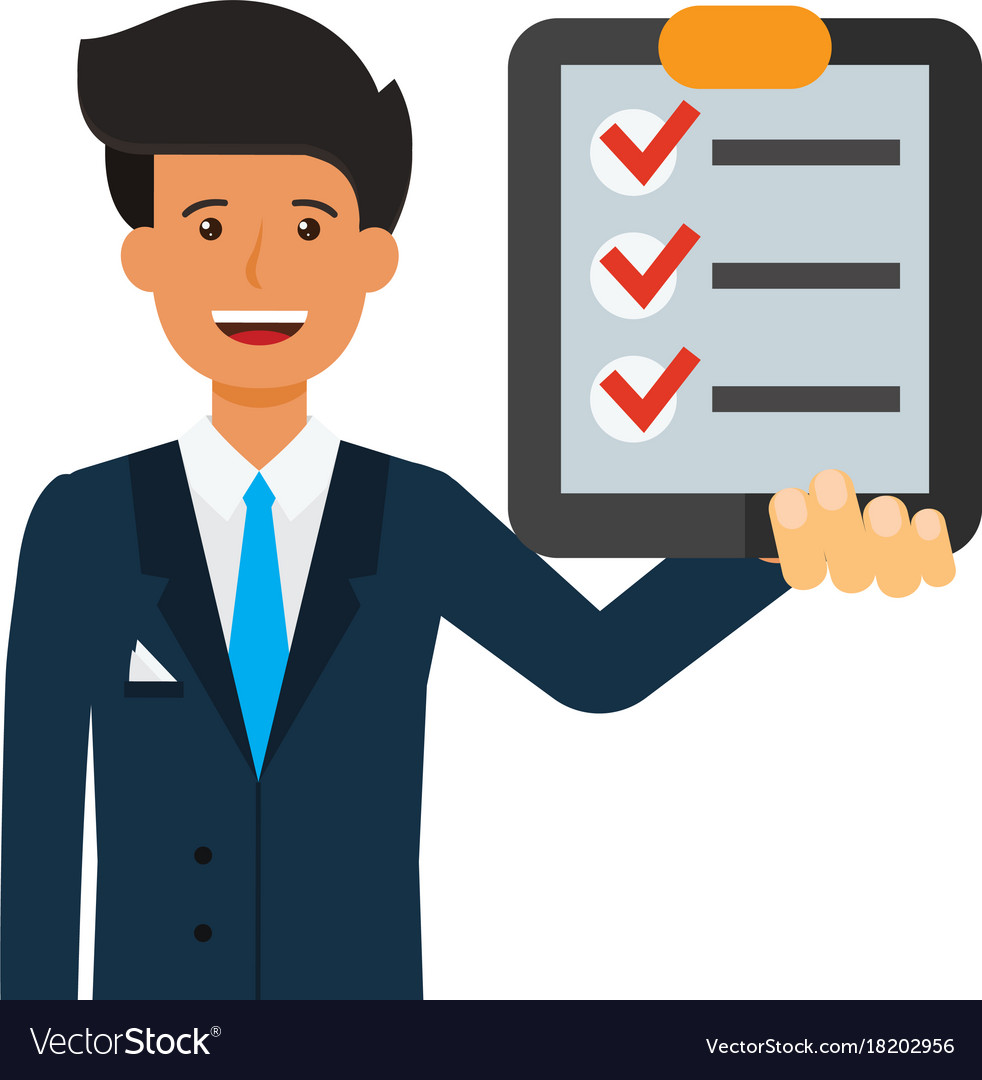 Businessman with check list cartoon flat Vector Image Businessman with check list cartoon flat Vector Image
