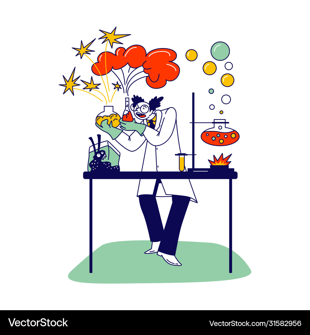 Mad scientist character with glass flasks and Vector Image
