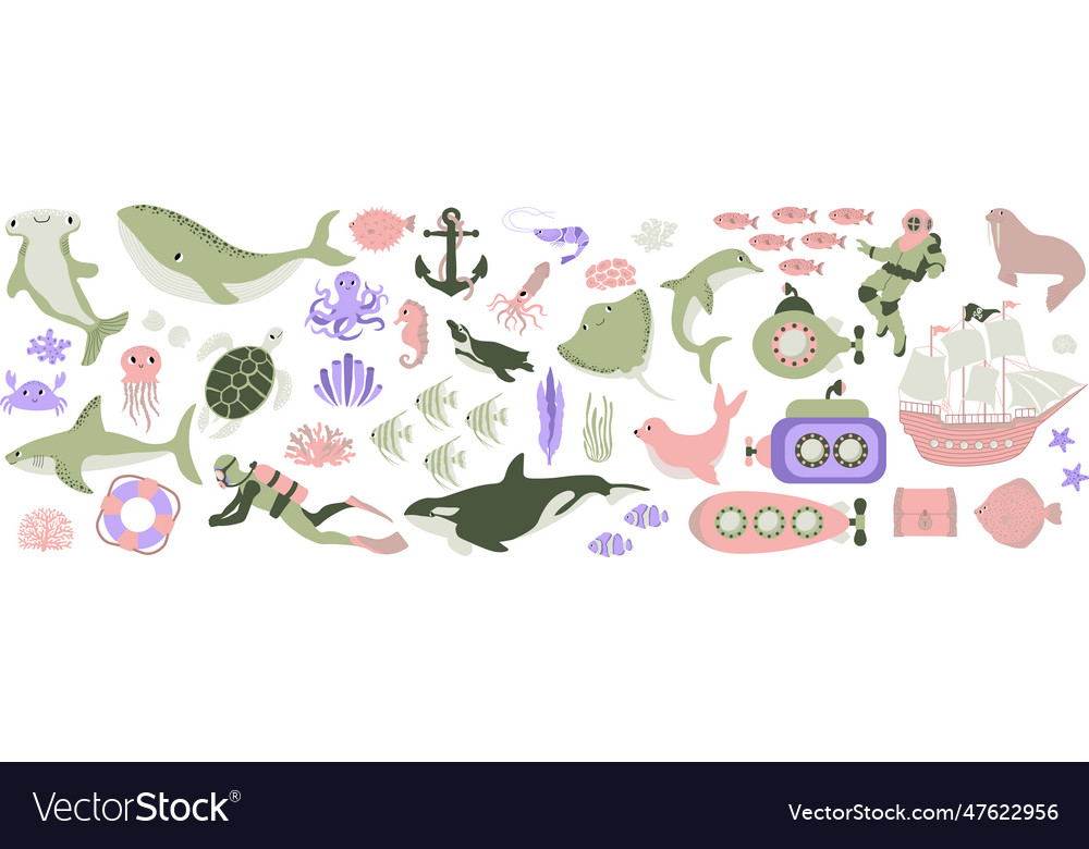Ocean mega set with whaleturtlejellyfish Vector Image