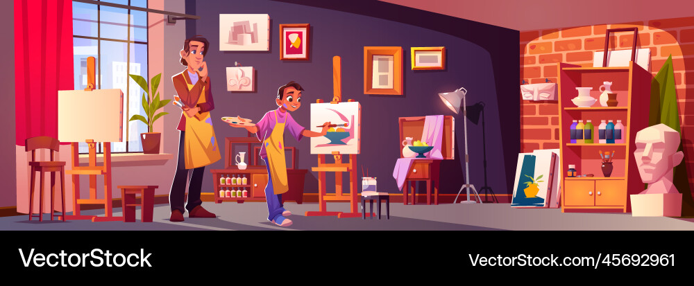 Teacher artist and student in art studio class Vector Image
