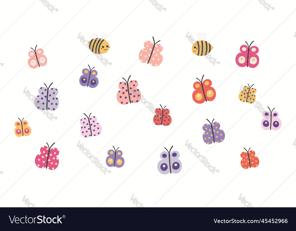 Cute butterflies bees insects collection Vector Image