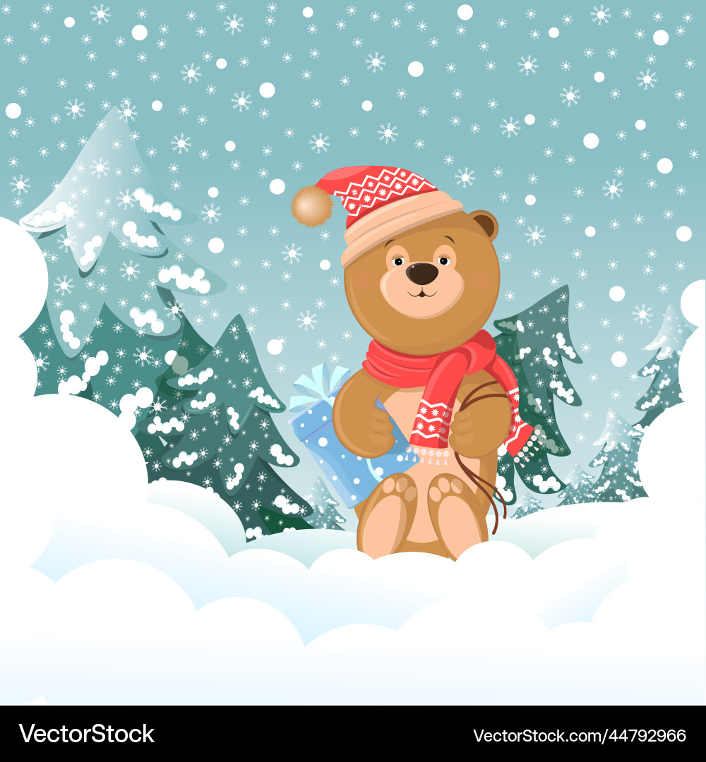 New years winter forest with a bear and a gift Vector Image