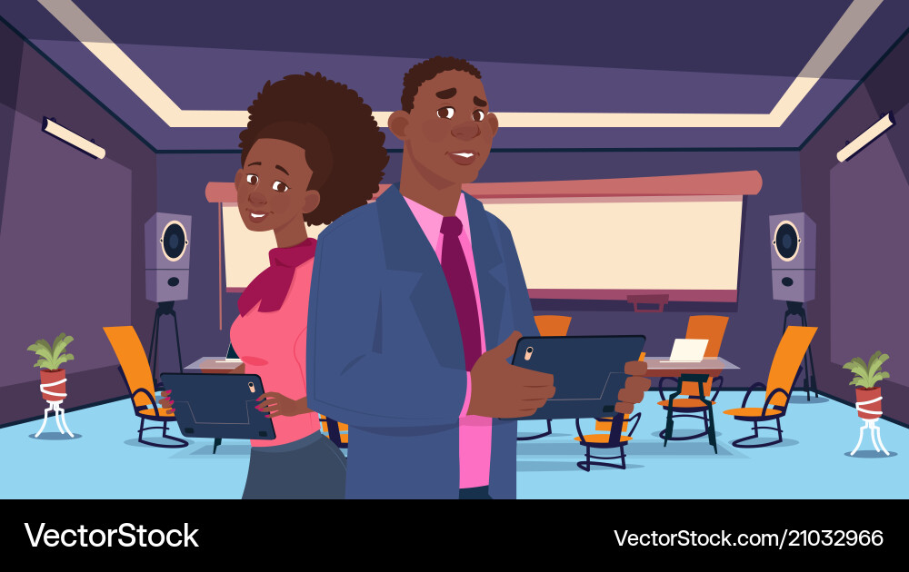 Two african business person stand back chat Vector Image